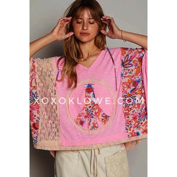 POL | Tops | Pol Pink Floral Lace Patchwork Peace Sign Hoodie Top ...